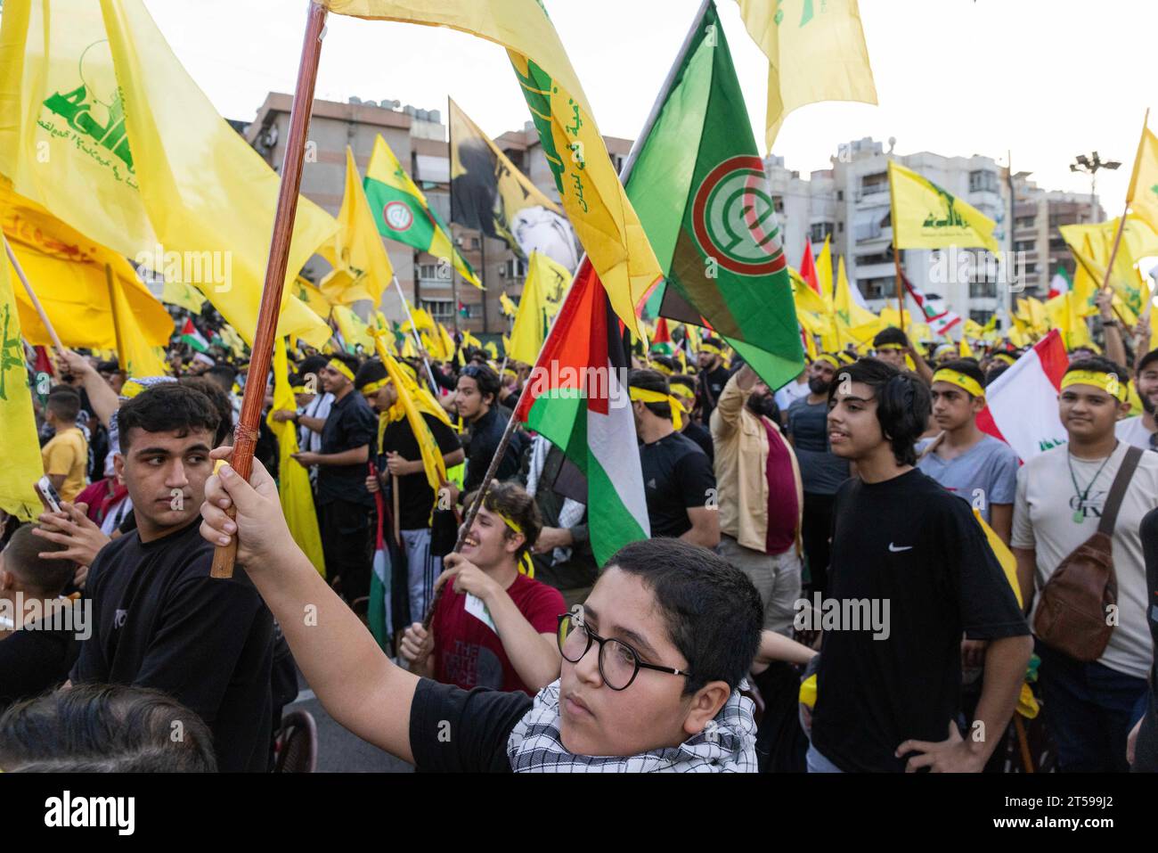 Beirut, Lebanon. 3rd Nov, 2023. People waving flags during Hezbollah ...