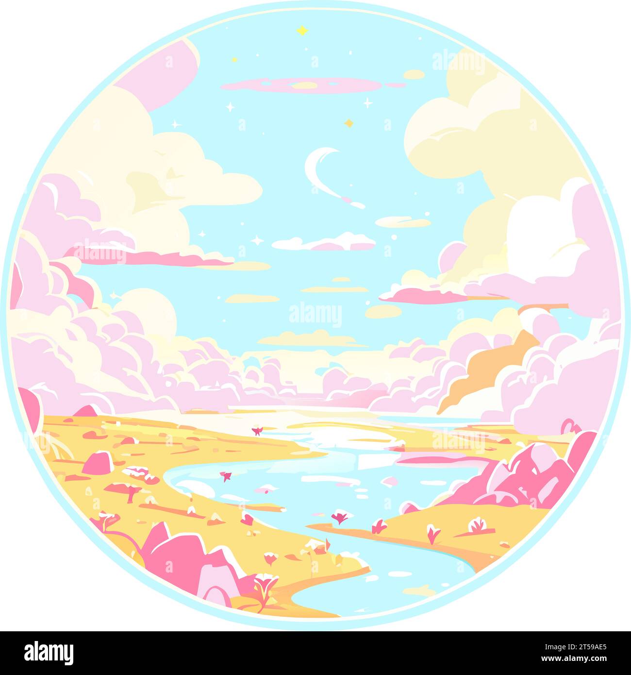 graphic illustrated Clouds sky on desert oasis river golden land sands ...