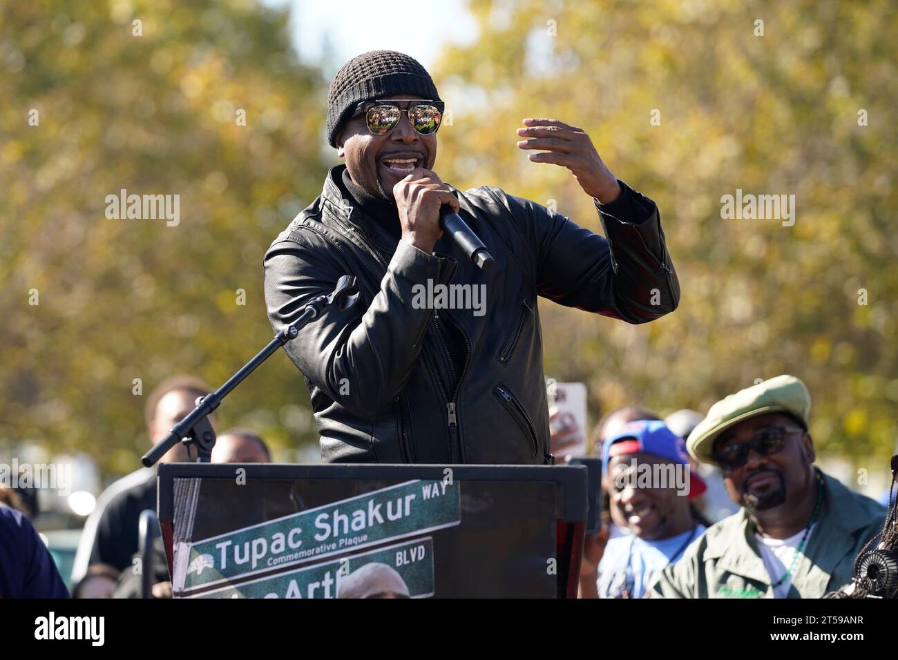 MC Hammer speaks during a street renaming ceremony for Tupac Shakur as ...