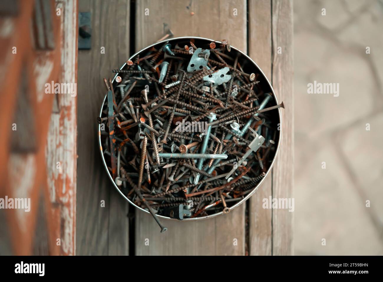 Old nails in the box for creative work, top view Stock Photo - Alamy