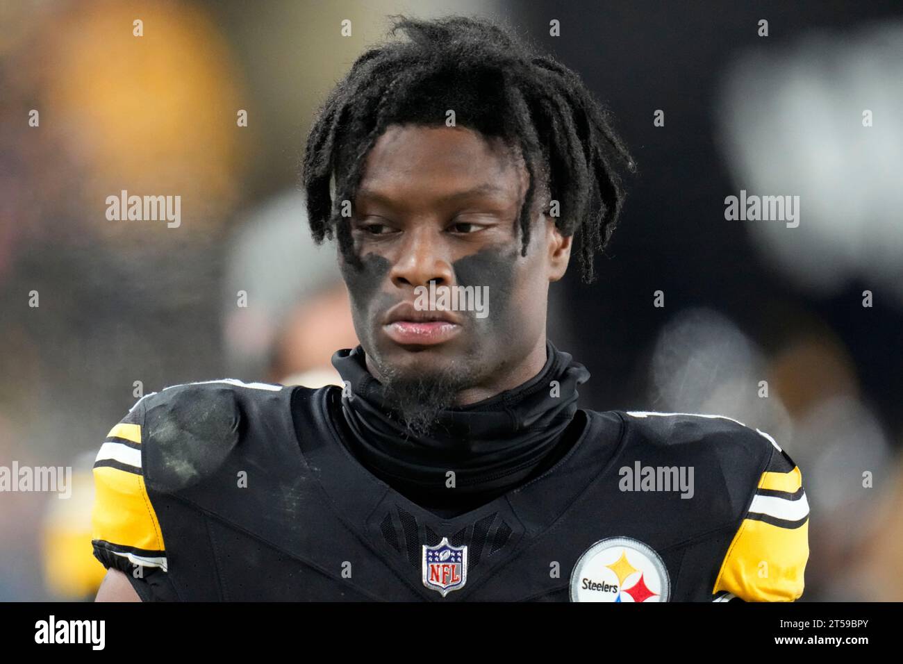 Pittsburgh Steelers wide receiver George Pickens walks on the sidelines ...