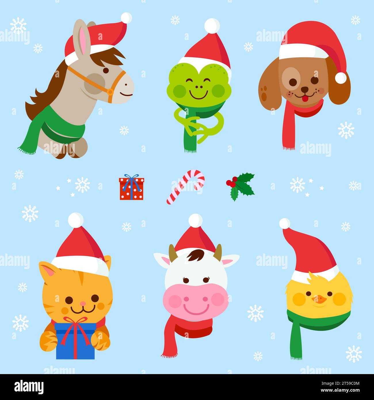 Cute animals with Santa Claus hats holding Christmas presents. Vector ...