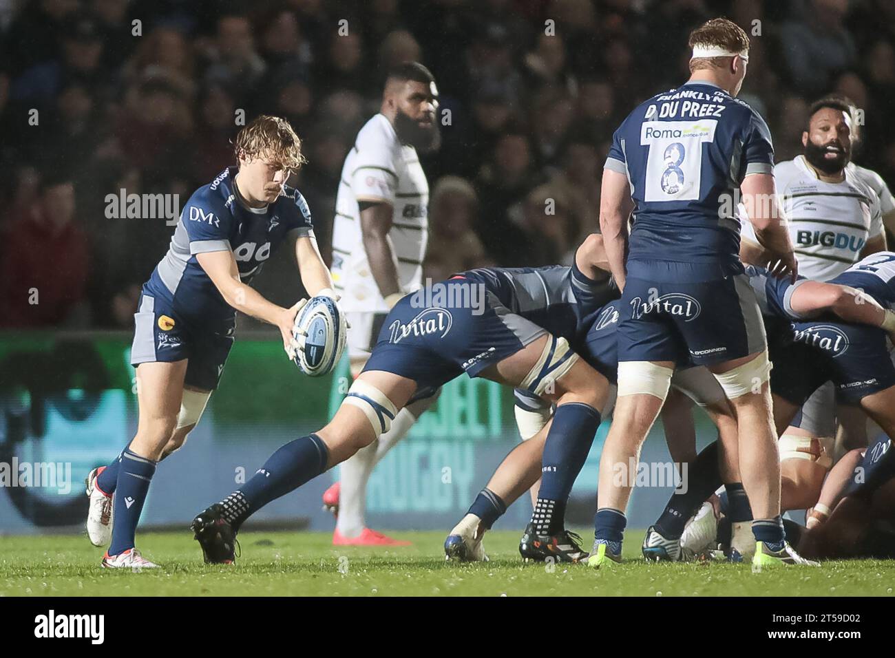 Manchester, UK. 03rd Nov, 2023. Gus Warr of Sale prepares to kick clear ...