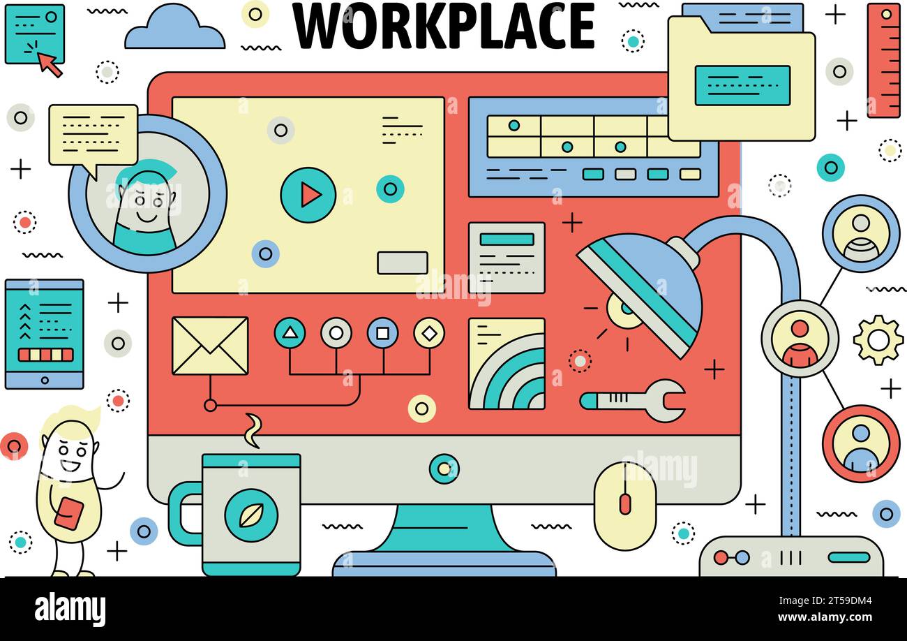 Office workplace poster banner template. Vector thin line art flat ...