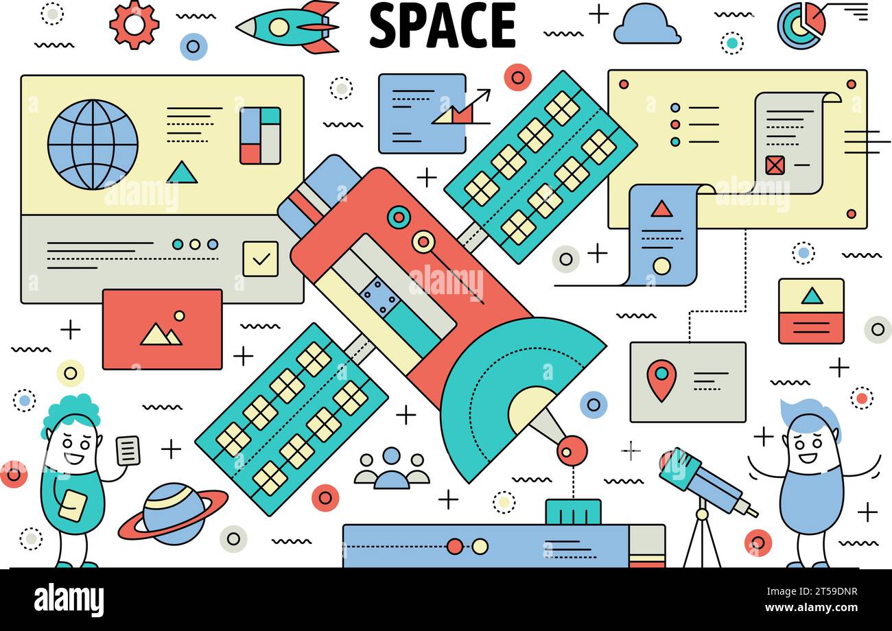 Space poster banner template. Vector thin line art flat style design ...