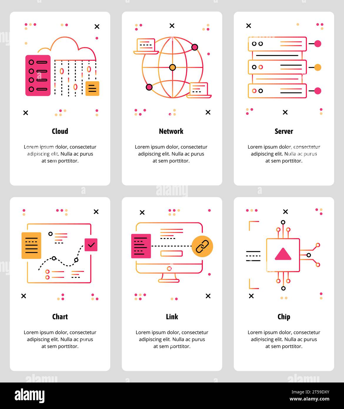 Vector set of mobile app onboarding screens. Cloud, Network, Server ...