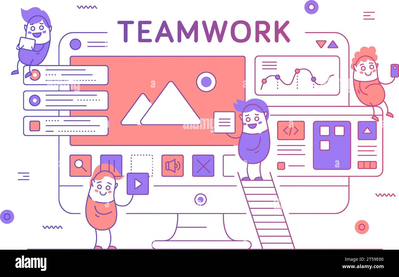 Business teamwork poster banner template. Vector thin line art flat ...