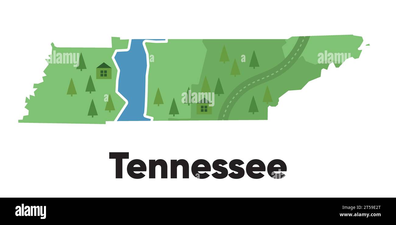 Tennessee map shape of states cartoon style with forest tree and river ...