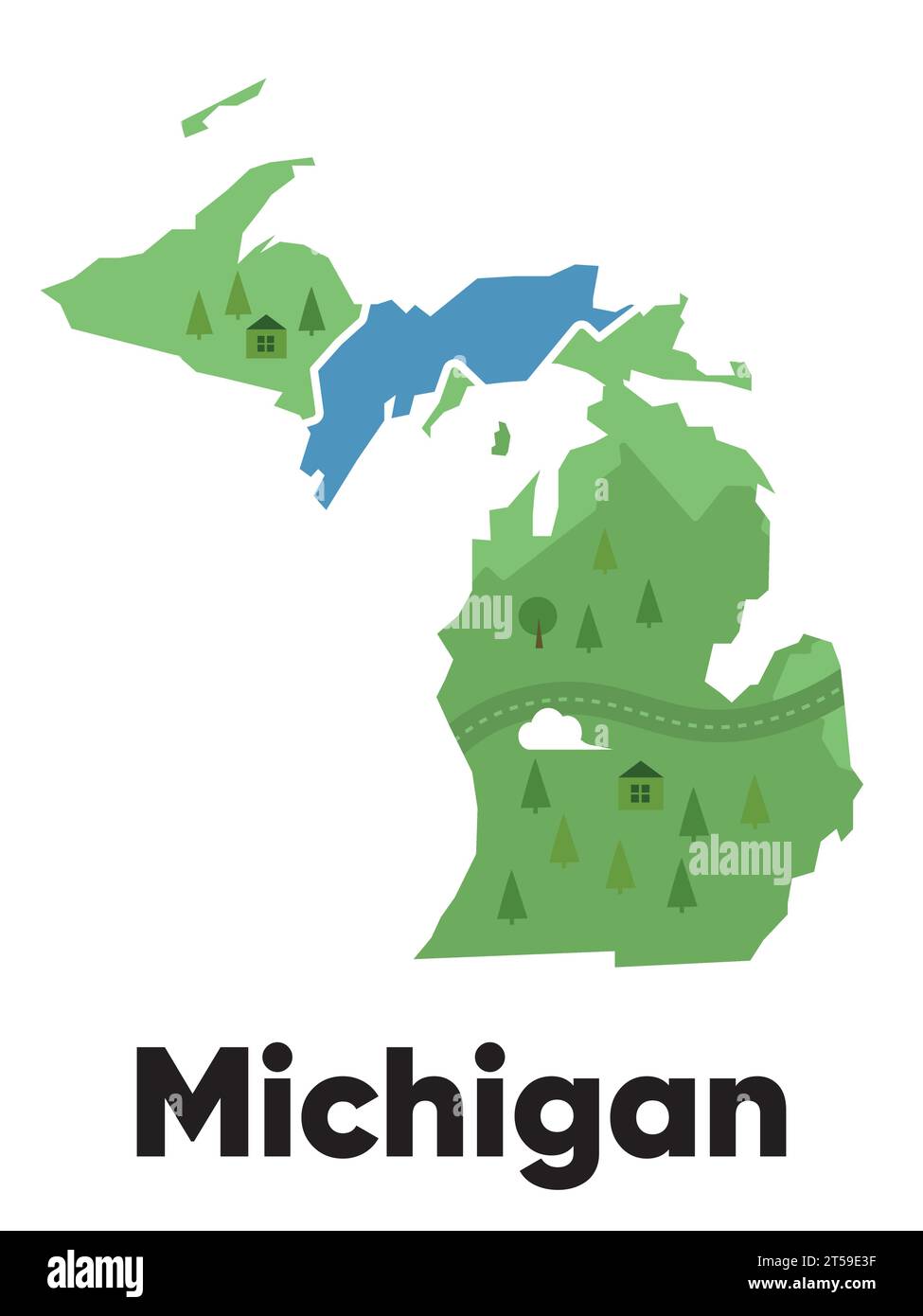 Michigan map shape United states America green forest hand drawn ...