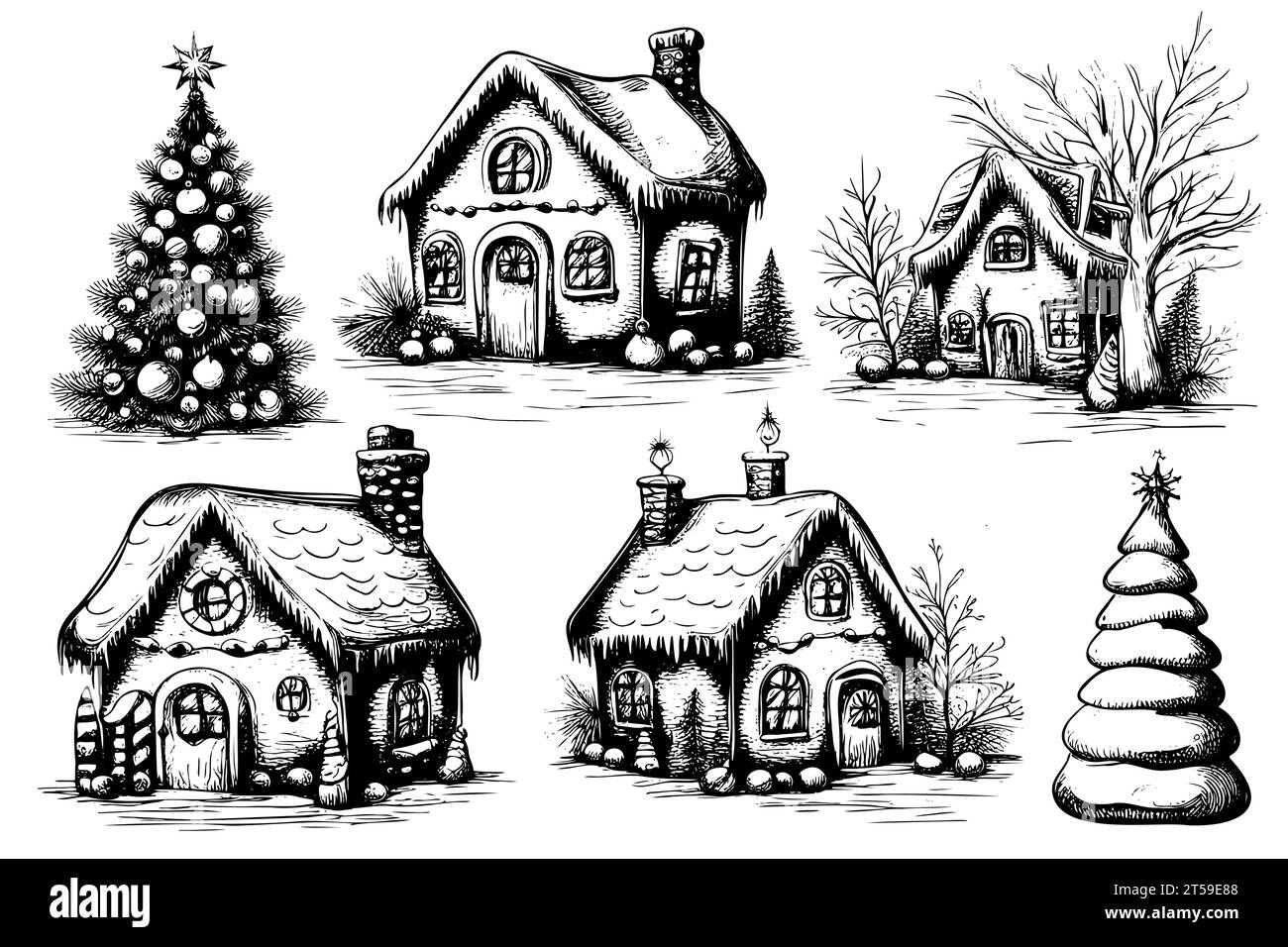set hand drawn sketches. Cute cottage Christmas tree and paraphernalia ...