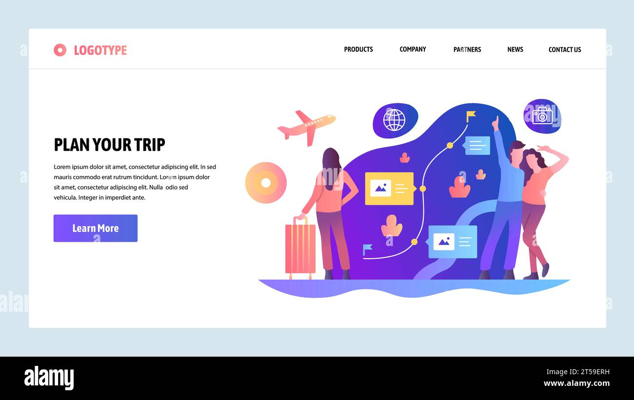 Vector web site design template. Plan your trip and go travel. Route planing and booking ...