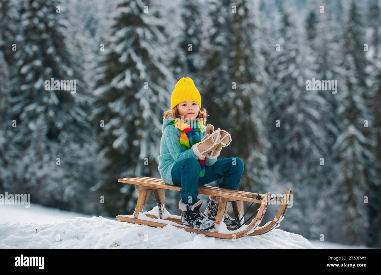 Boy kid enjoying a sleigh ride, playing with snowball. Child on sleigh ...