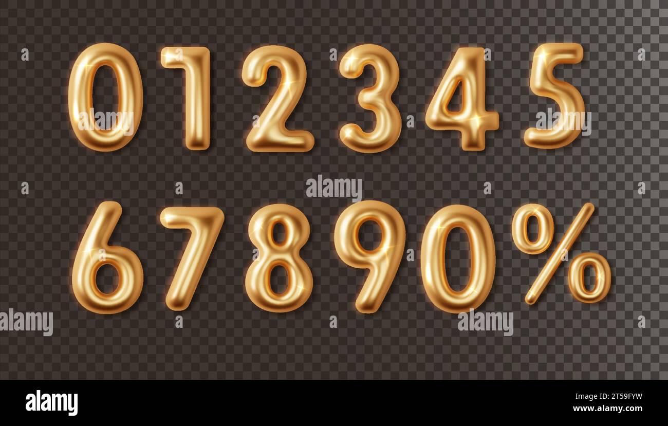 Golden chrome numbers set isolated on dark transparent background ...