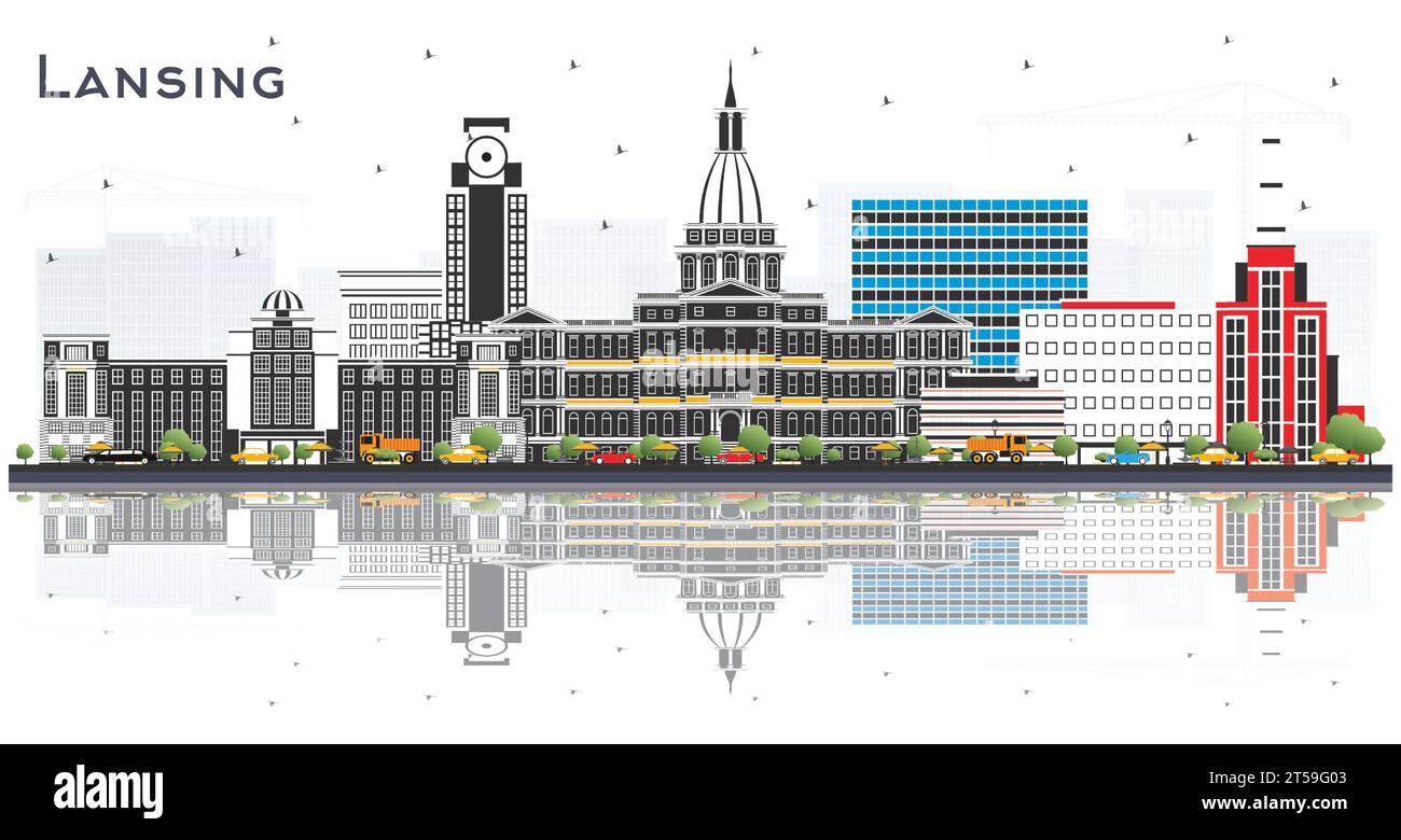 Lansing Michigan city skyline with color buildings and reflections ...
