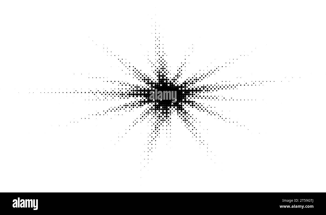 Halftone starburst with monochrome rays and circle dot pattern. Pop art ...