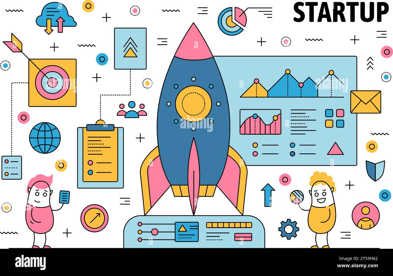 Business startup poster banner template. Vector thin line art flat ...