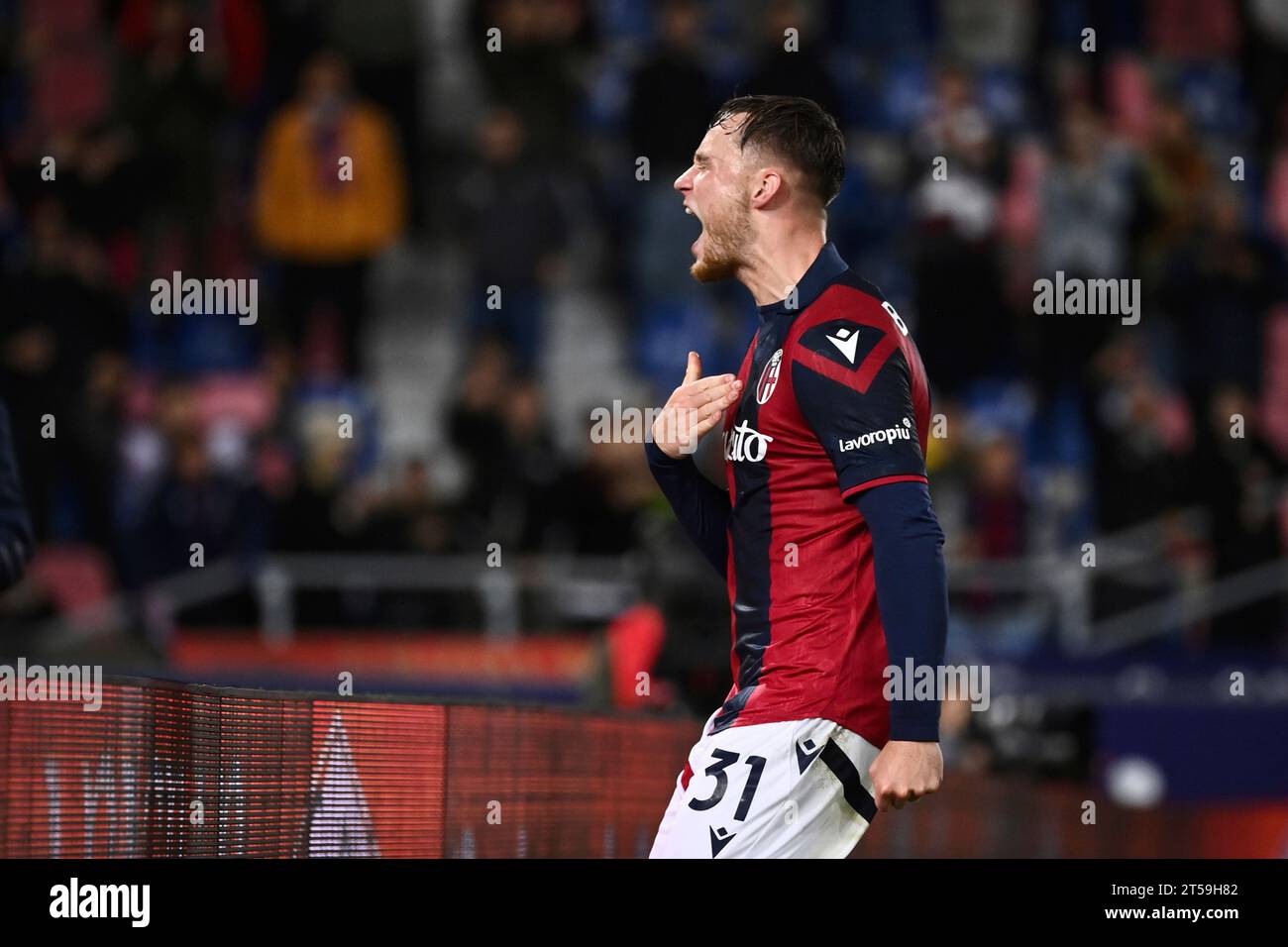 Bologna's Sam Beukema celebrates the team's victory at the Italian ...