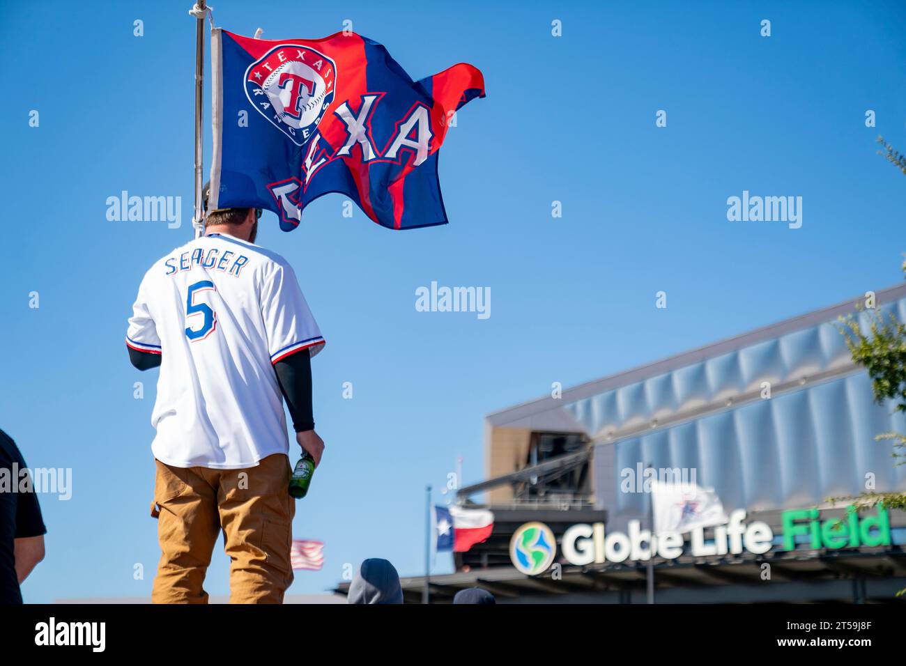 ARLINGTON, TX - NOVEMBER 03: Texas Rangers fan flies a Texas Rangers ...