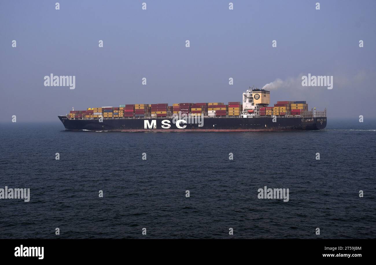 Mumbai, India. 03rd Nov, 2023. Cargo vessel of Mediterranean Shipping ...