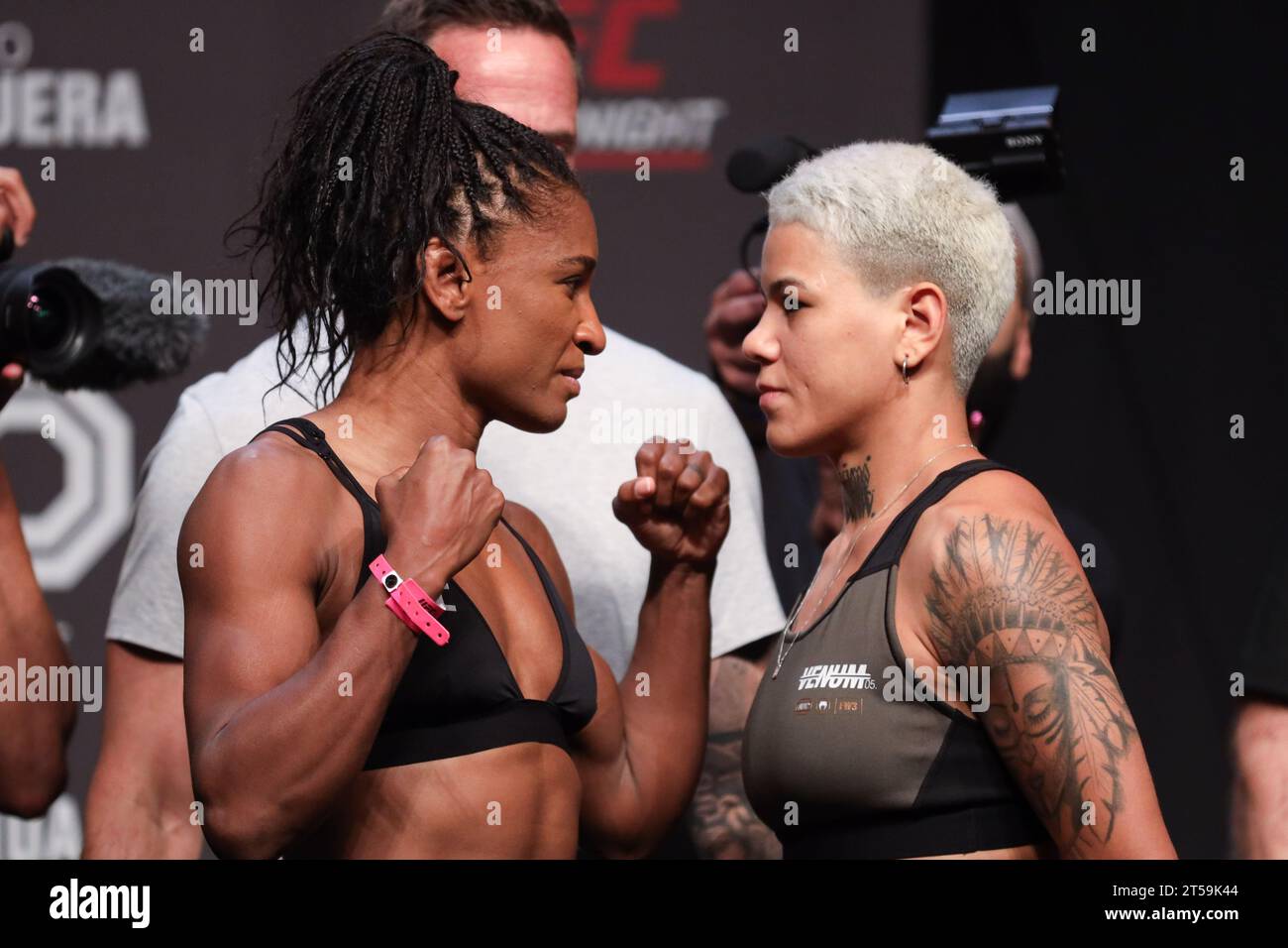 Angela Hill and Denise Gomes during the ceremonial heavyweight weigh-in ...