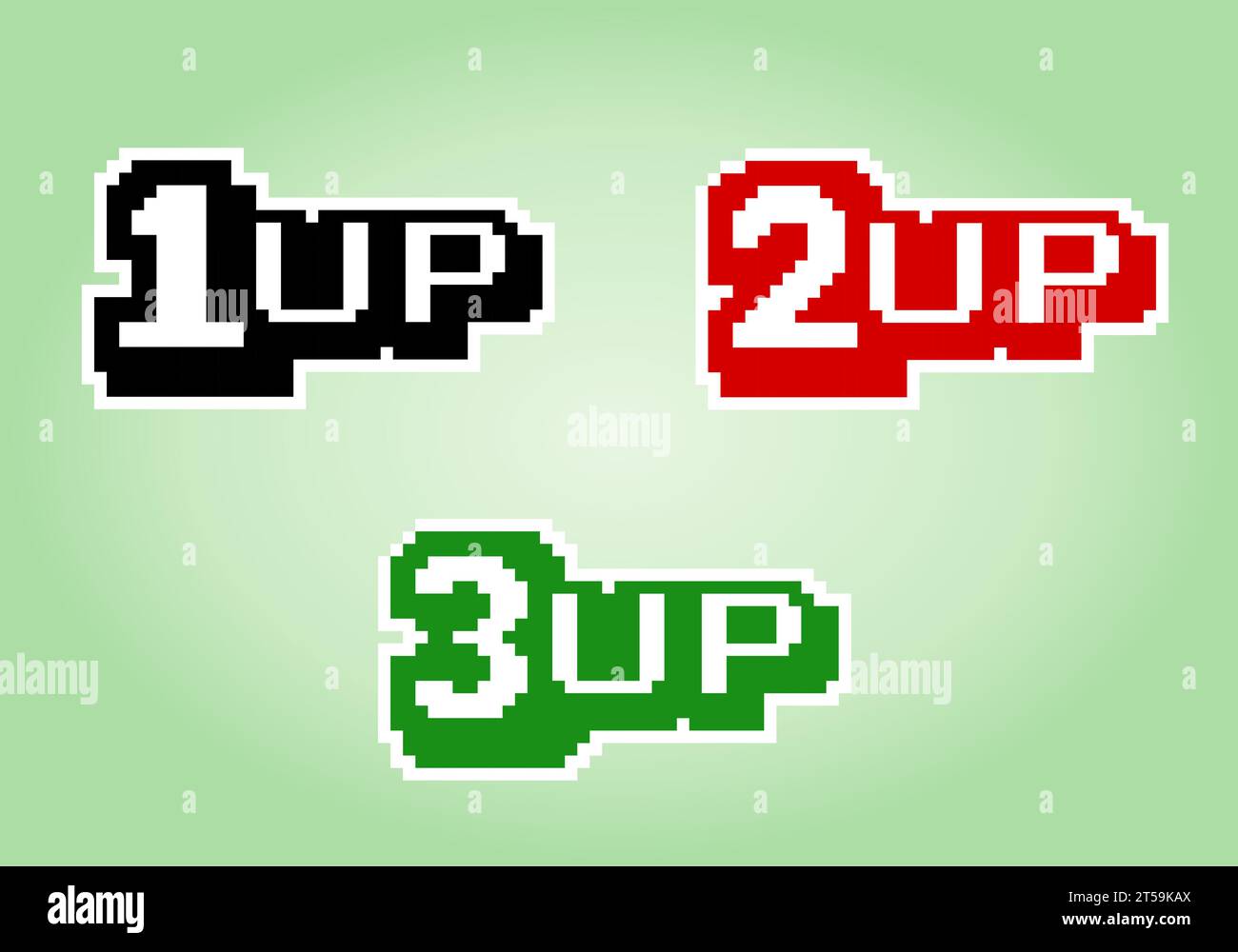 Vector illustration of 8 bit game assets. Extra life pixel images, 1up ...