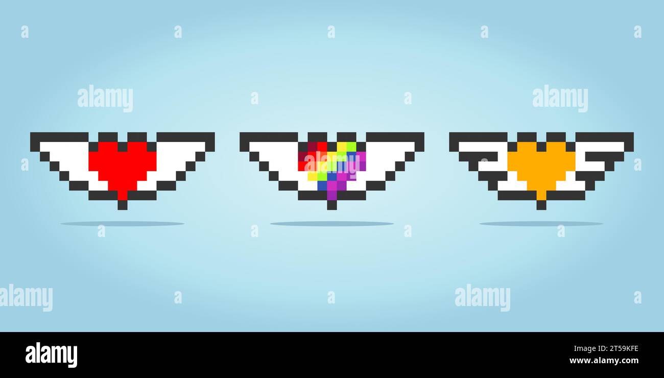 8 bit pixel love. Heart icon with wing in vector illustration for game ...