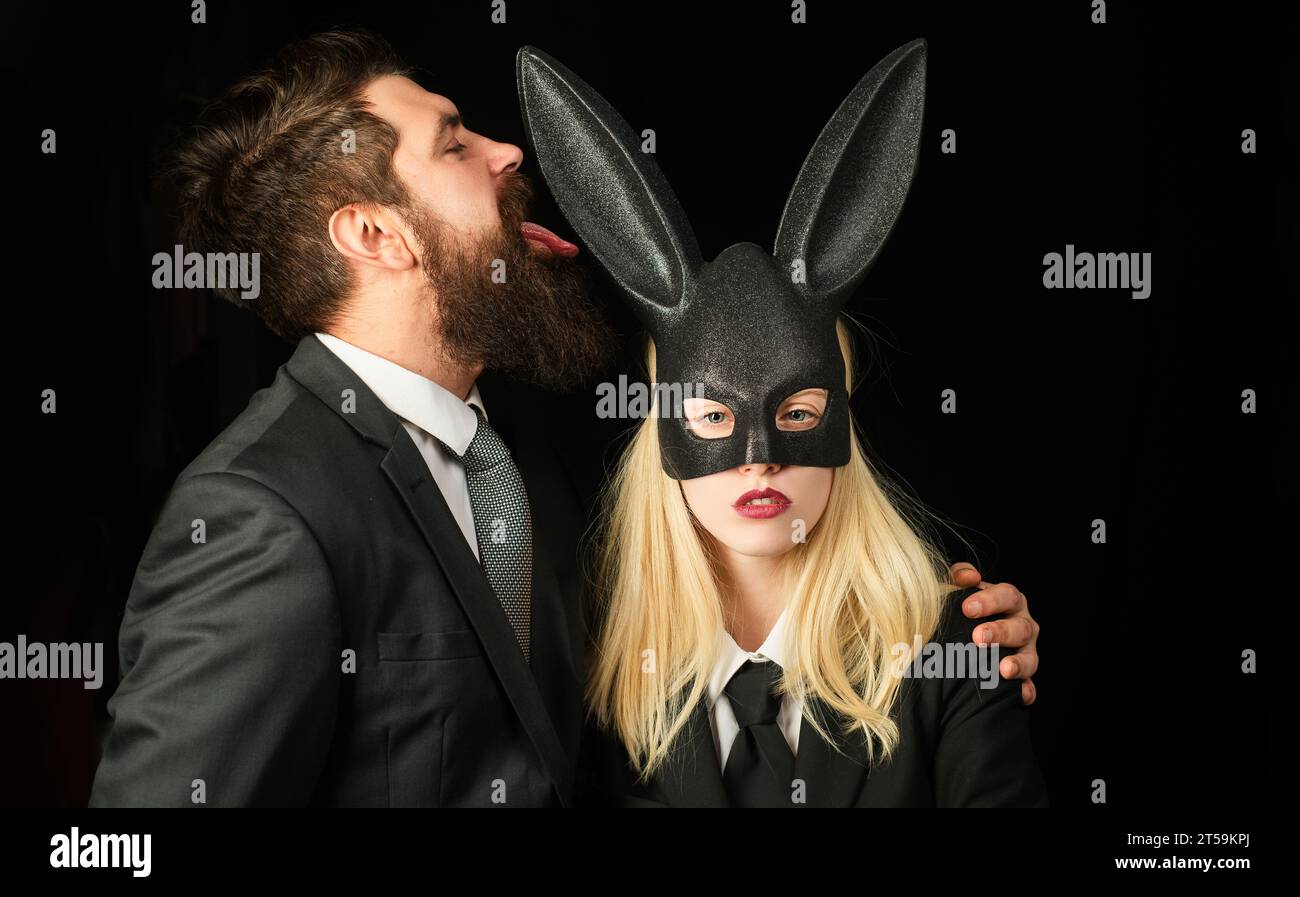 Crazy Easter couple, bunny playgirl woman and rabbit man. Funny Easter ...