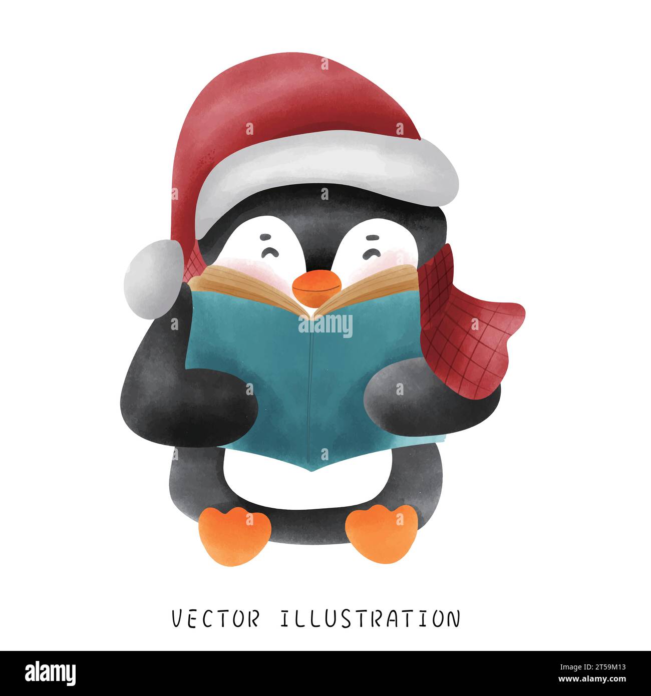 Cozy Christmas Penguin Reading a Book Watercolor Festive Illustration ...