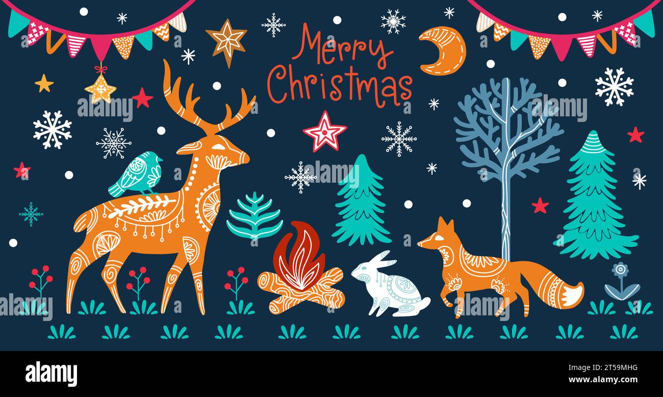 Set of ornate winter woodland abstract animals silhouettes deer, bear ...