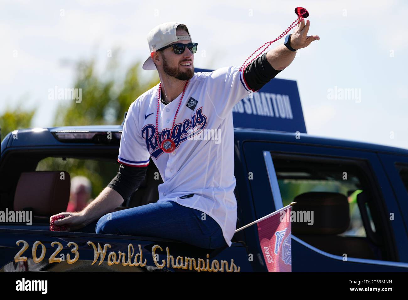 Texas Rangers relief pitcher Chris Stratton participates in a baseball ...