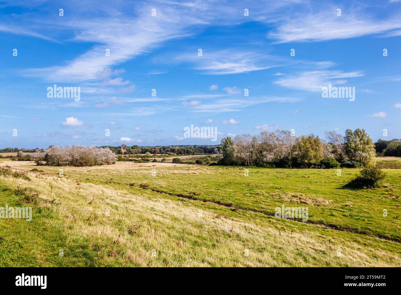Distant view over countryside of the parish church of St Pancras ...