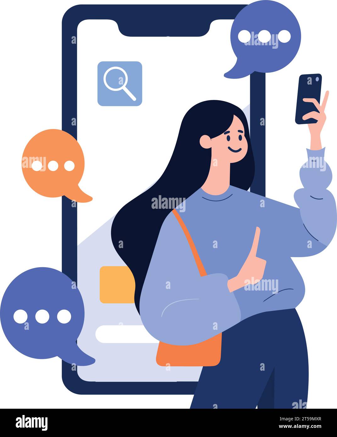 Hand Drawn Female character talking with smartphone in online ...