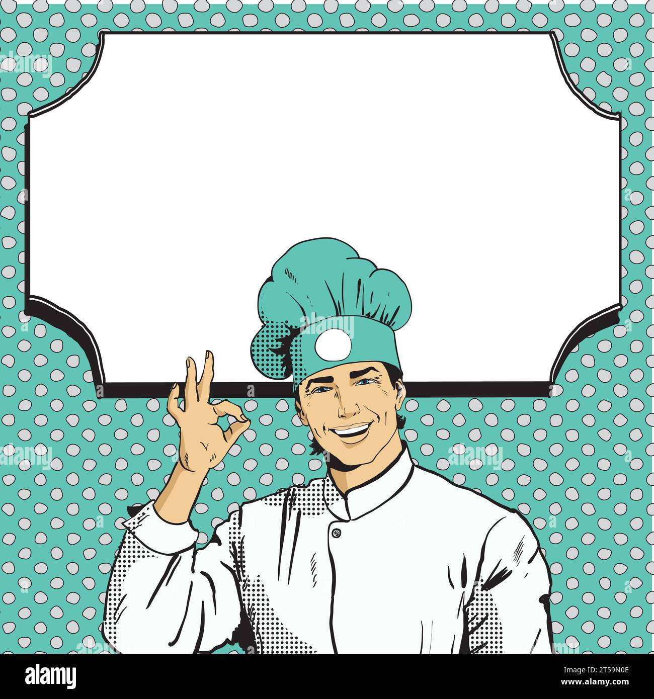 Chef shows OK sign with blank board behind. Vector illustration in ...