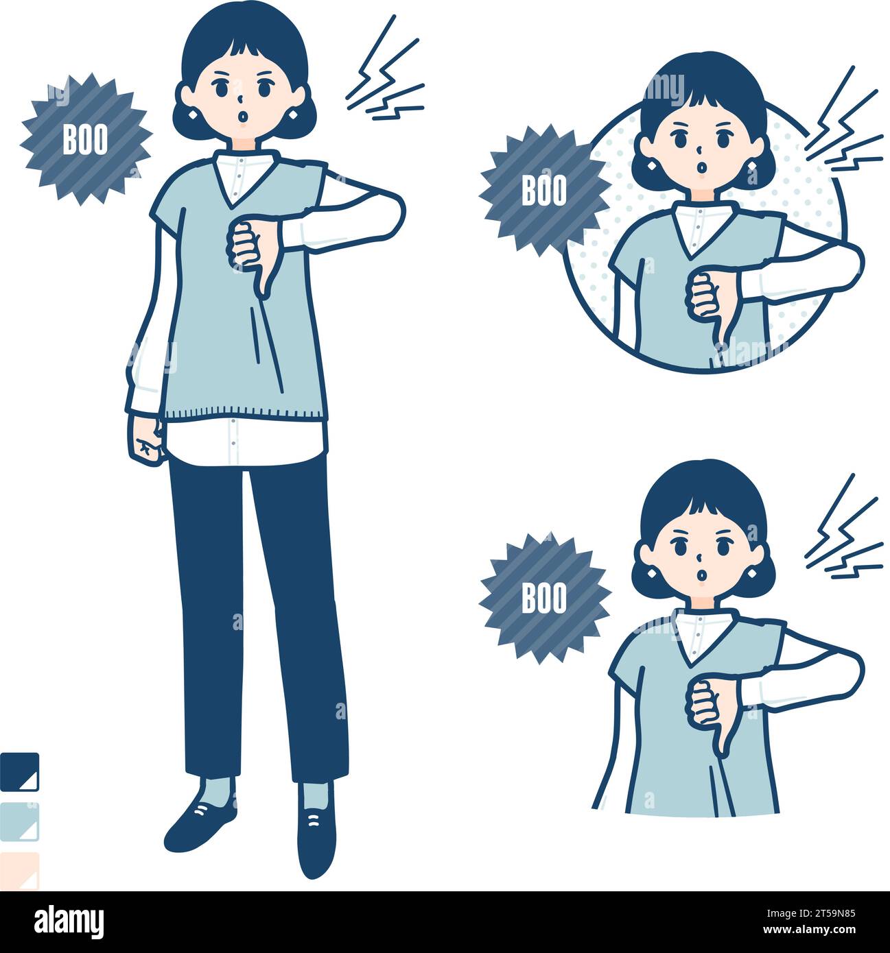 A woman wearing a knit vest with Booing images.It's vector art so it's ...