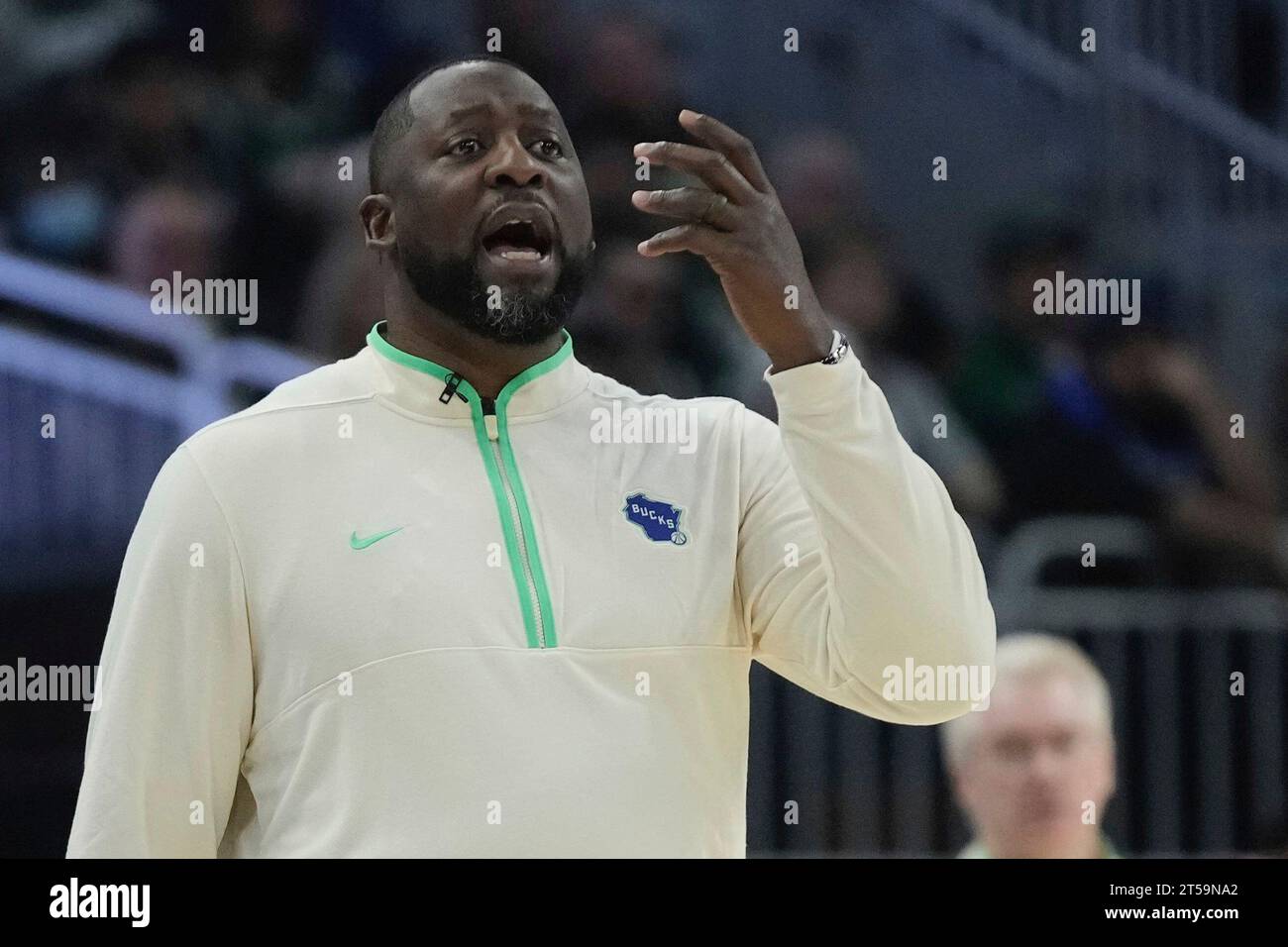 Milwaukee Bucks head coach Adrian Griffin reacts during the first half ...
