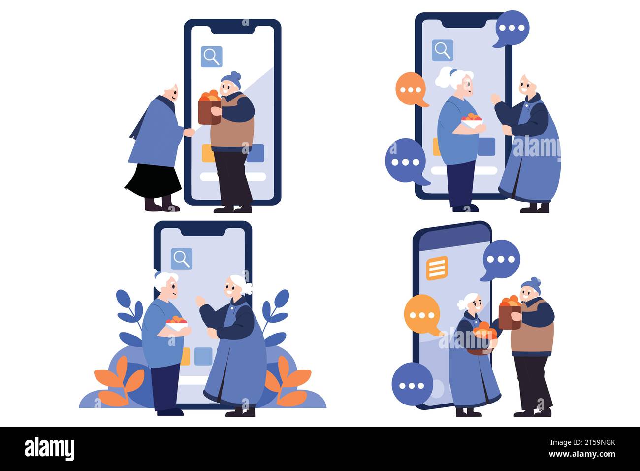 Hand Drawn Elderly characters talk through smartphones in flat style ...