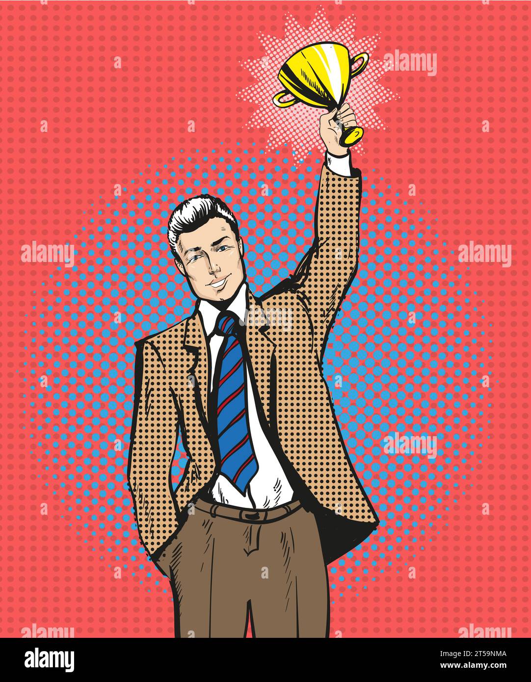 Vector illustration of happy businessman holding cup. Business success ...