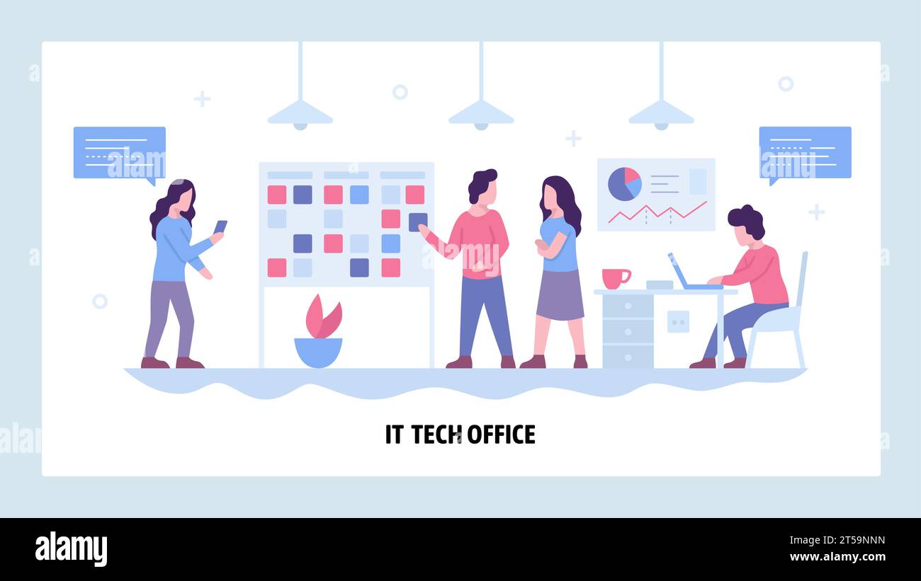 Vector web site design template. Software development company office with scrum board. Agile ...
