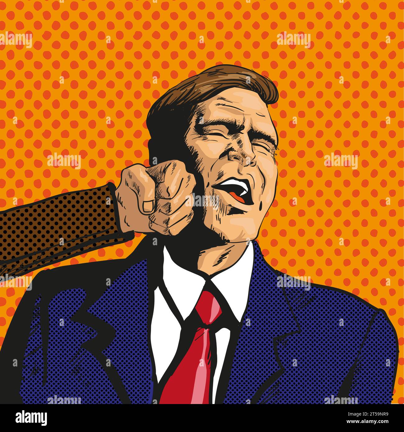 Vector illustration of man getting punch in his face in retro pop art comic style. Businessman ...