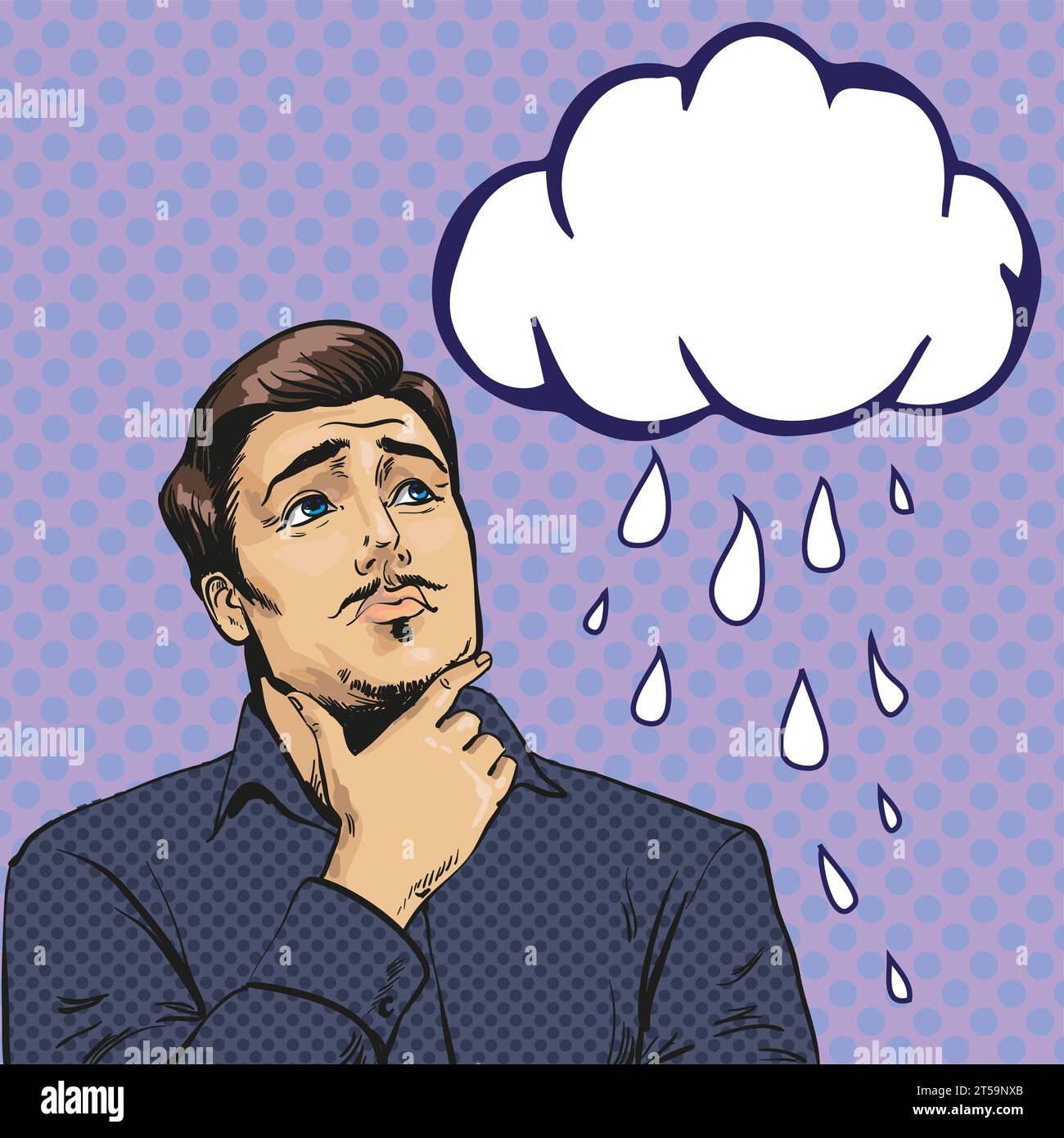 Vector illustration of sad, upset man looking at crying cloud in retro ...
