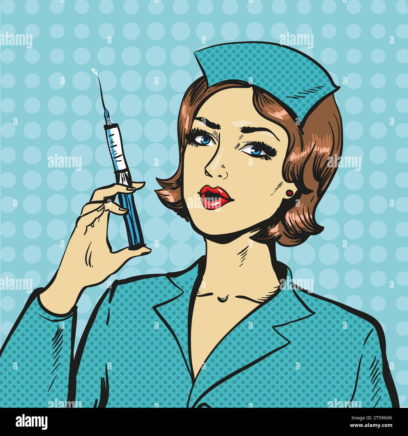 Vector illustration of woman nurse with syringe in retro pop art comic ...