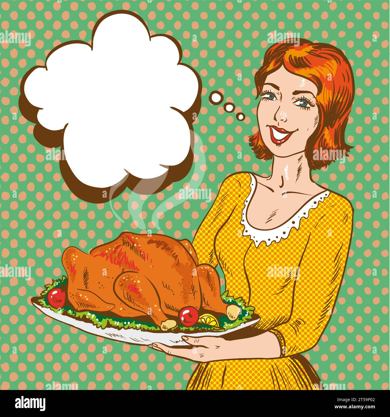 Vector illustration of woman holding tray with roasted thanksgiving ...