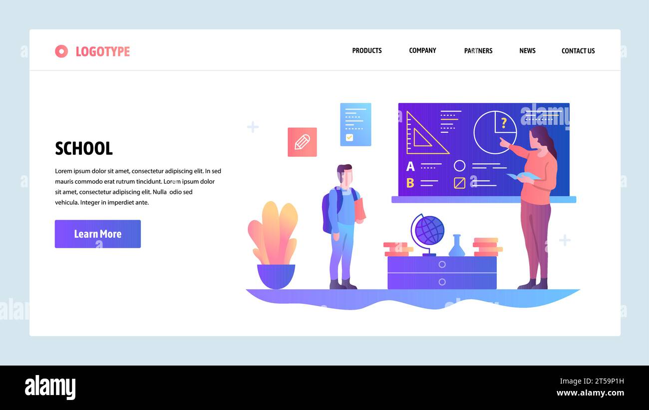 Vector web site design template. School education. Teacher gives lesson ...