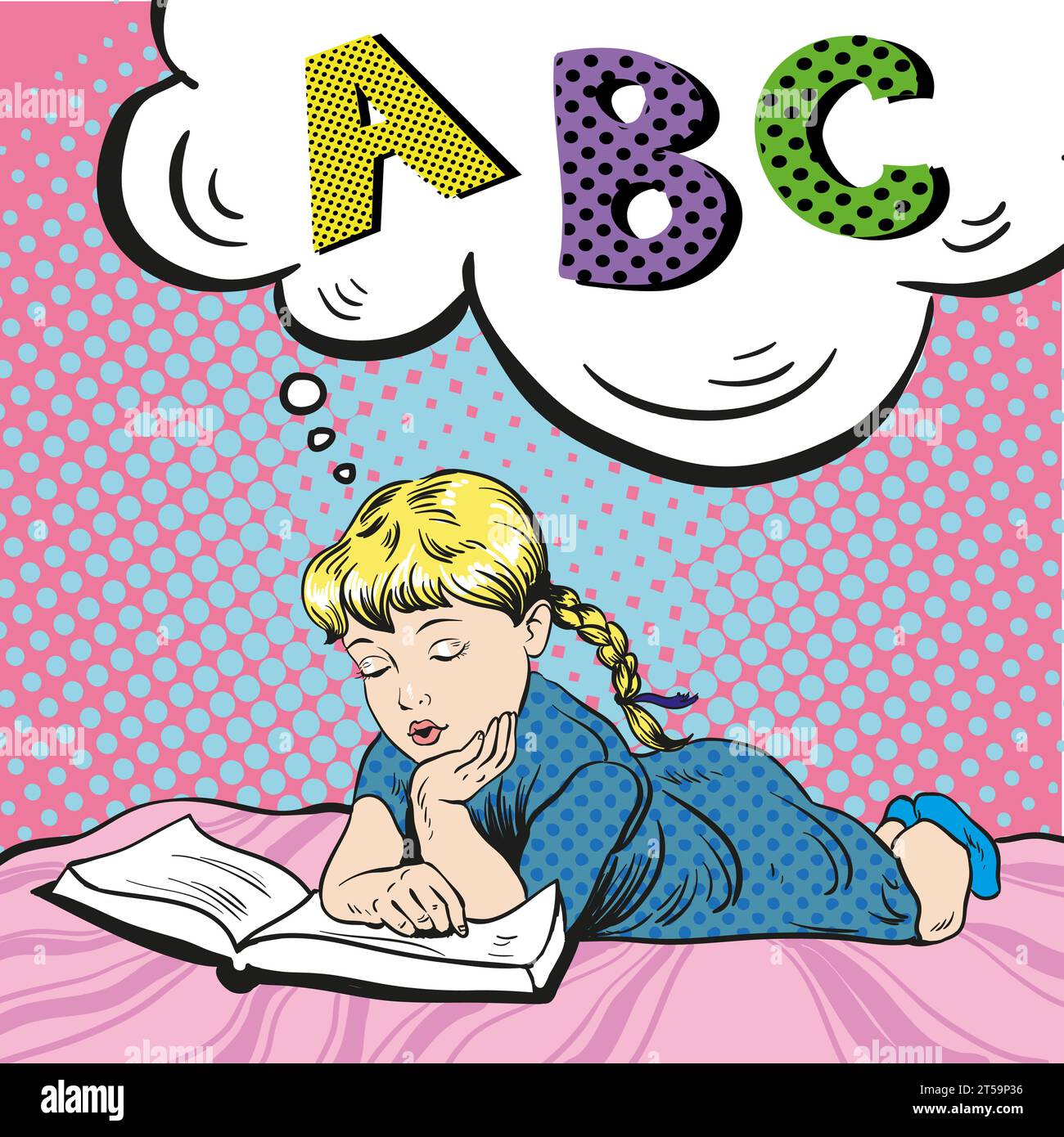 Little girl reading book on a bed. Vector illustration in comic pop art style. Girl studying ...
