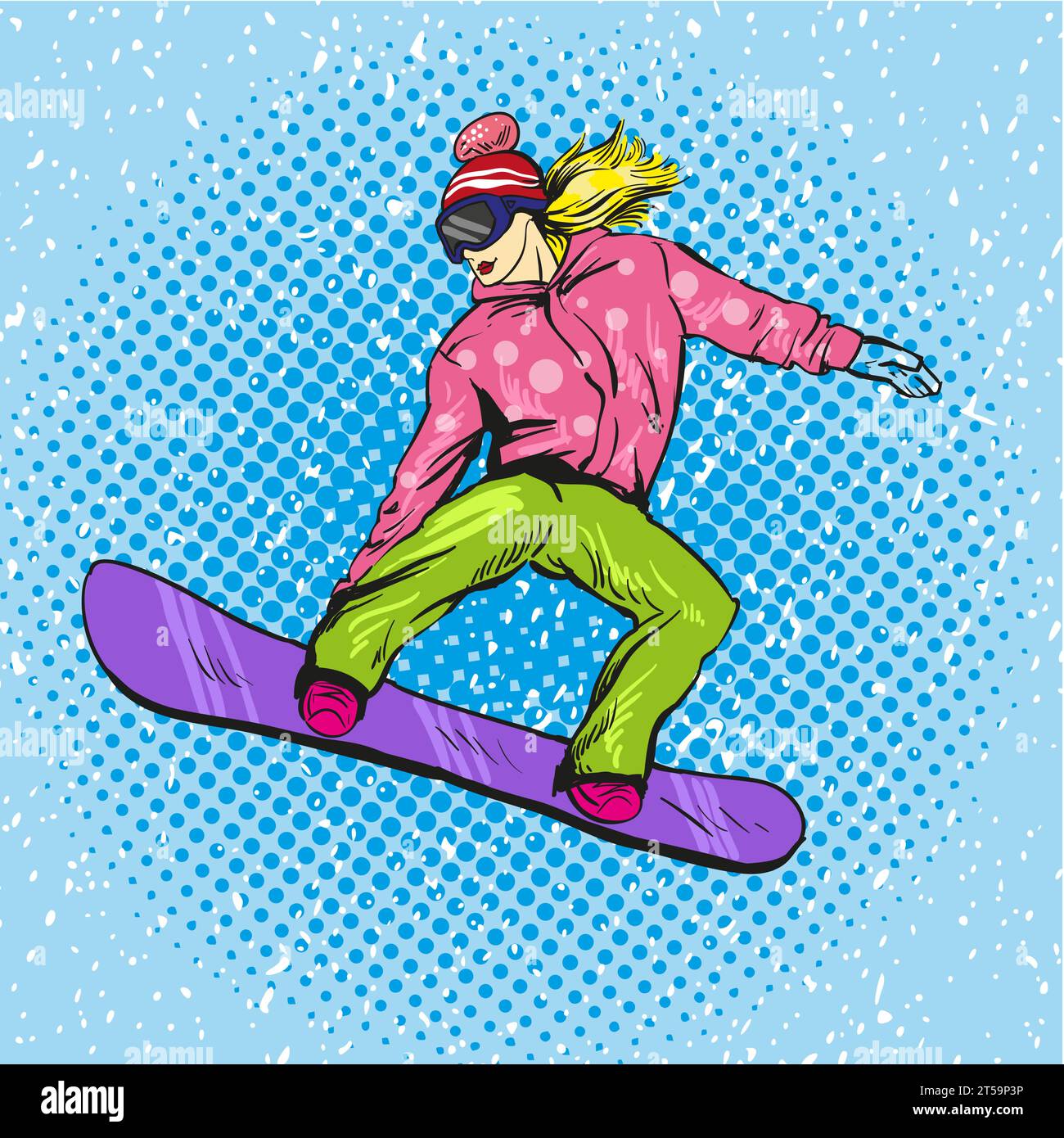 Woman snowboarding in mountains. Vector illustration in pop art retro ...