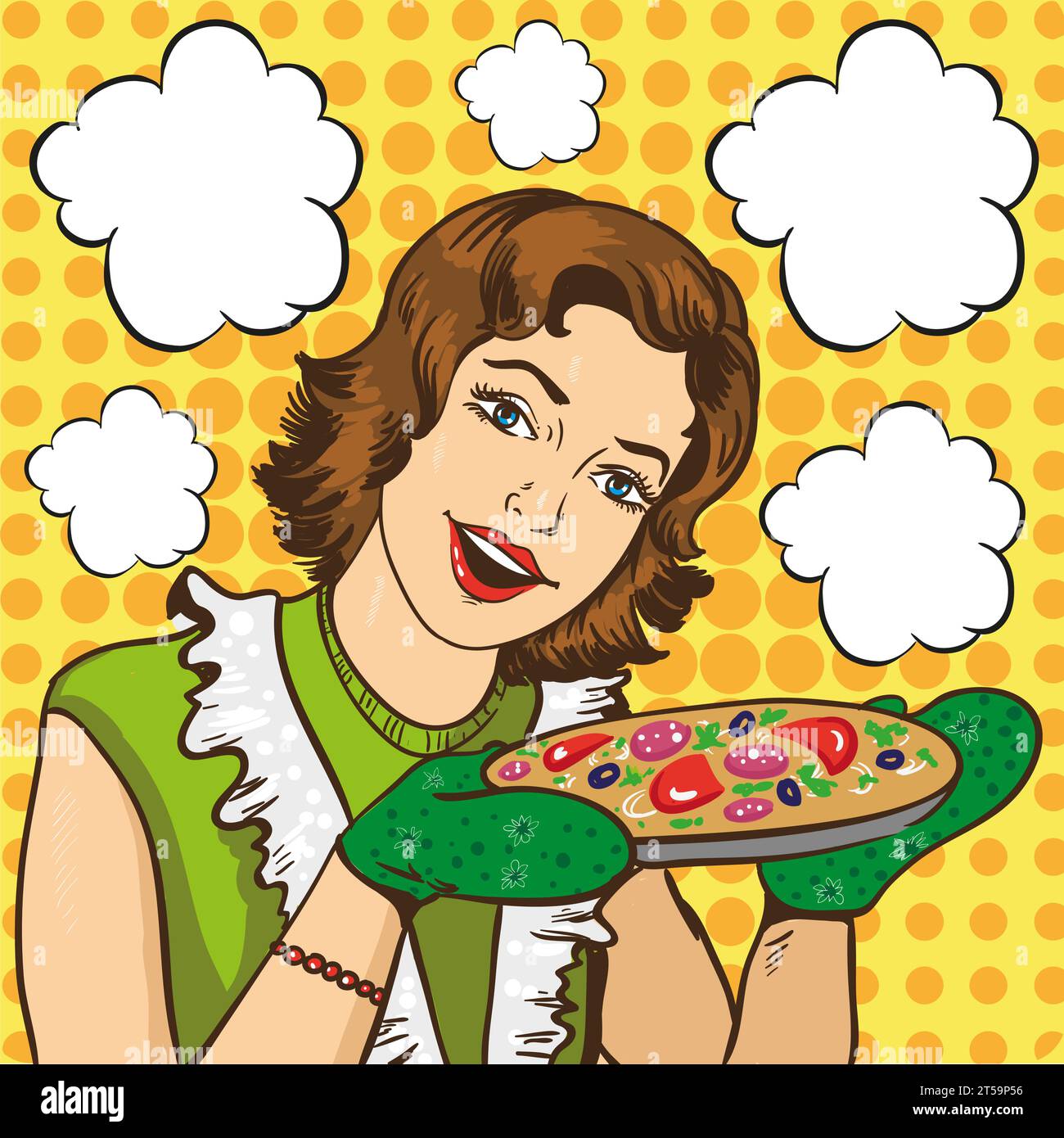 Woman cooking pizza at home. Vector illustration in retro comic pop art ...
