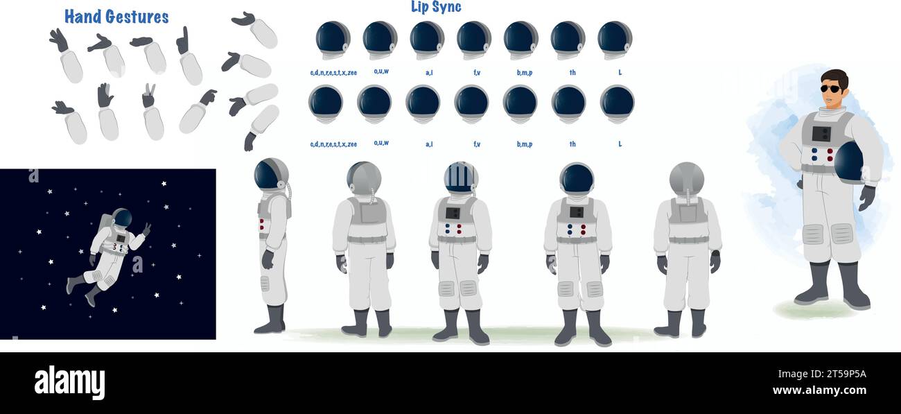 An astronaut model sheet. Space character creation set. Male astronaut turnaround sheet, hand ...