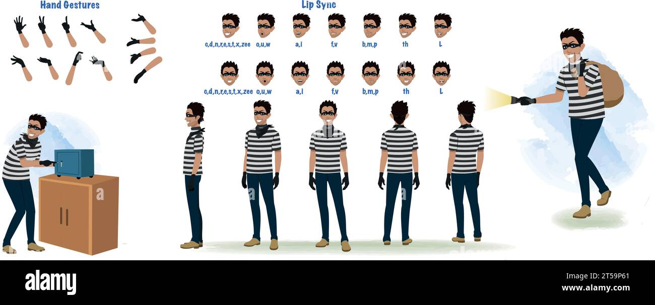 A thief model sheet. Burglar creation set. turnaround sheet, hand ...