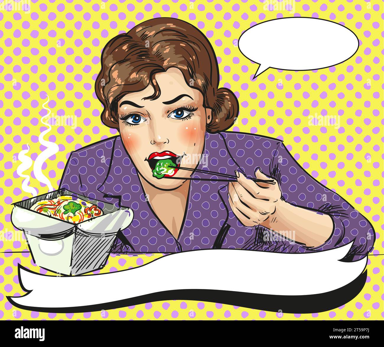 Vector illustration of woman eating takeout food with chopsticks. Fast ...