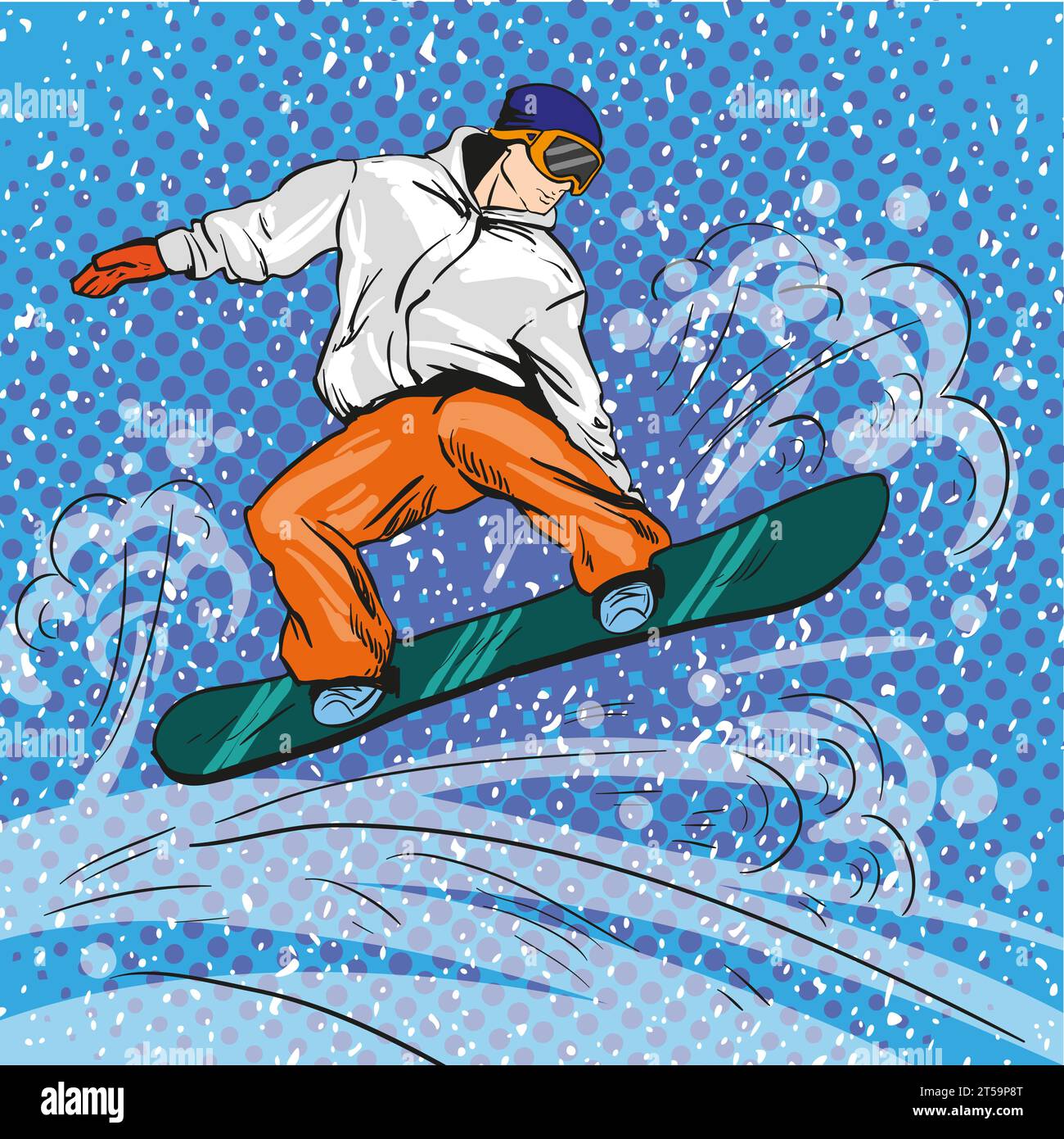 Man snowboarding in mountains. Vector illustration in pop art retro ...